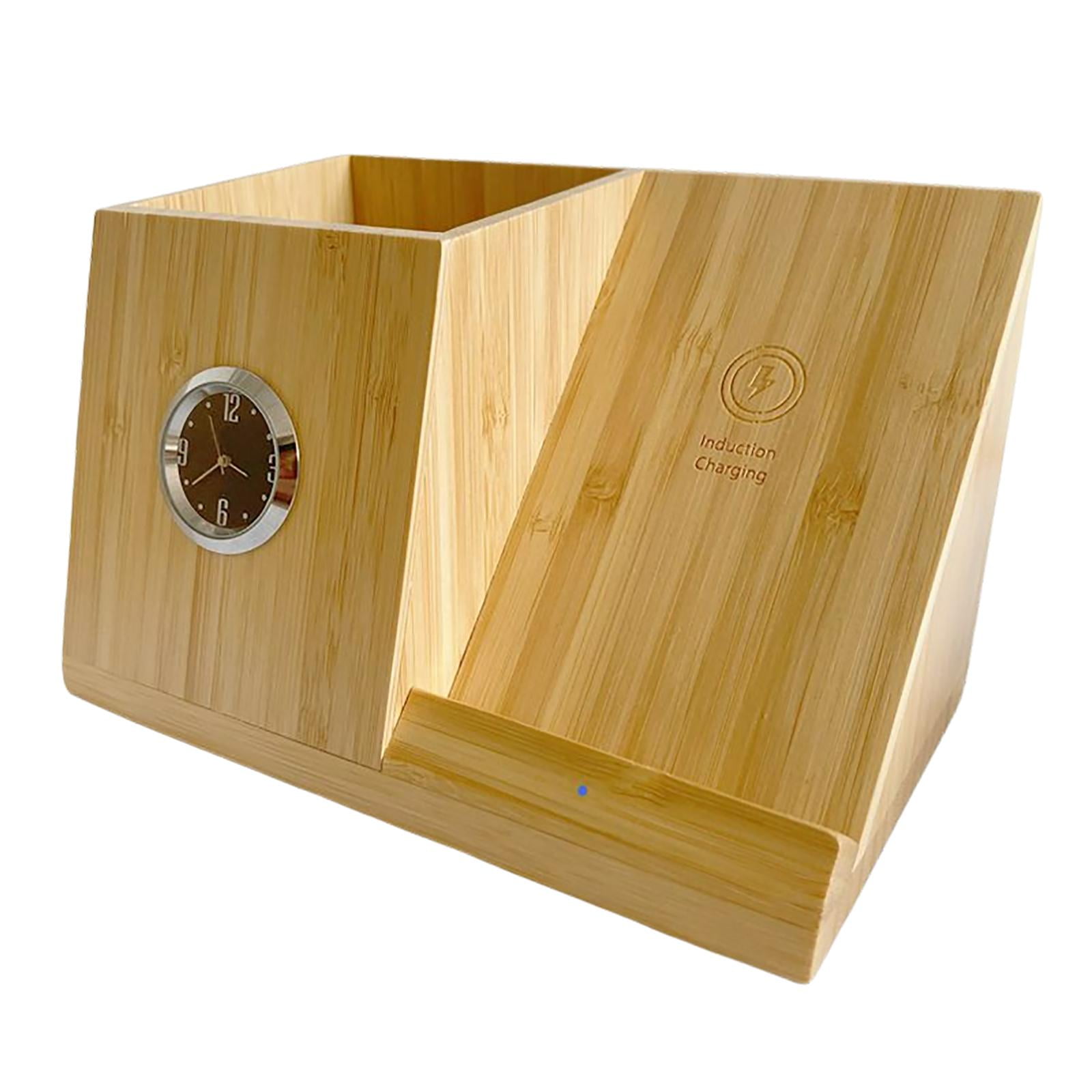 1 Unids Inalámbrico 10W Pen Rack con Reloj Escritorio de de Bambú Cosas ...