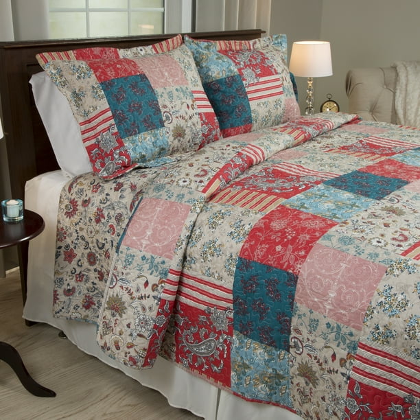 Lavish Home 3-Piece Mallory Patchwork Full/Queen Quilt Set with 2 Shams ...