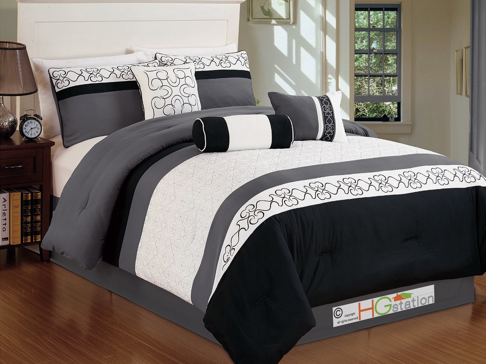 7-Pc Quilted Embroidery Scroll Clover Spade Floral Comforter Set Black ...