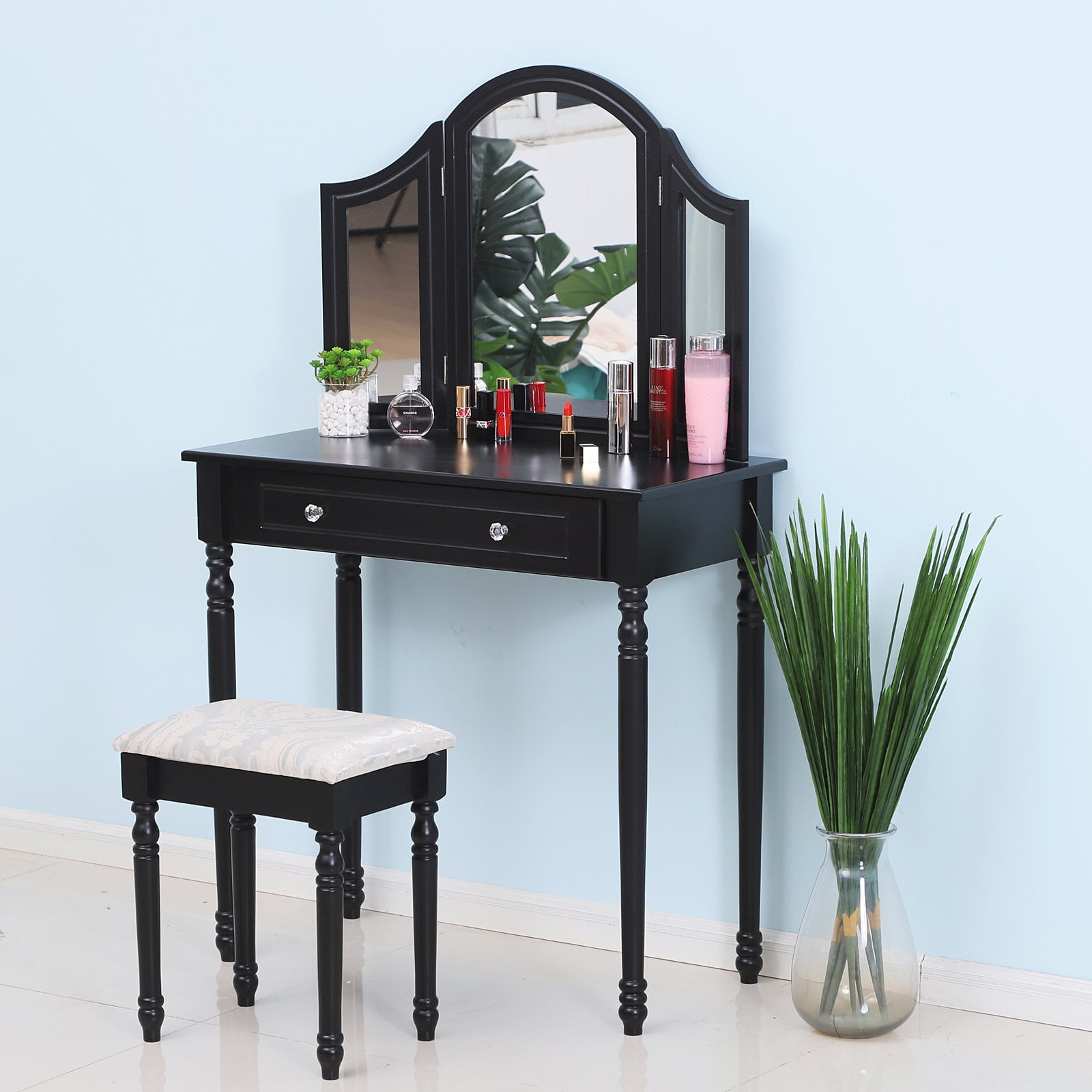 Wood Dressing Vanity Makeup Table with Stool Tri-Mirror 2 Drawers ...