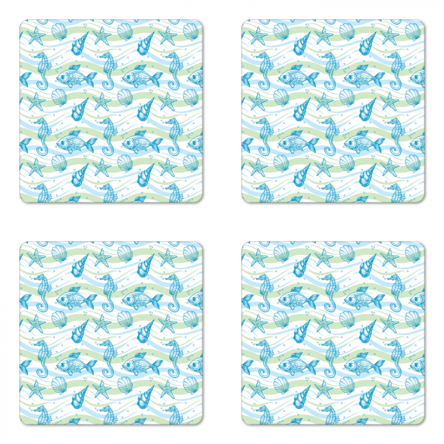 Nautical Coaster Set of 4, Marine Ocean Shell Starfish Oyster Mollusk ...