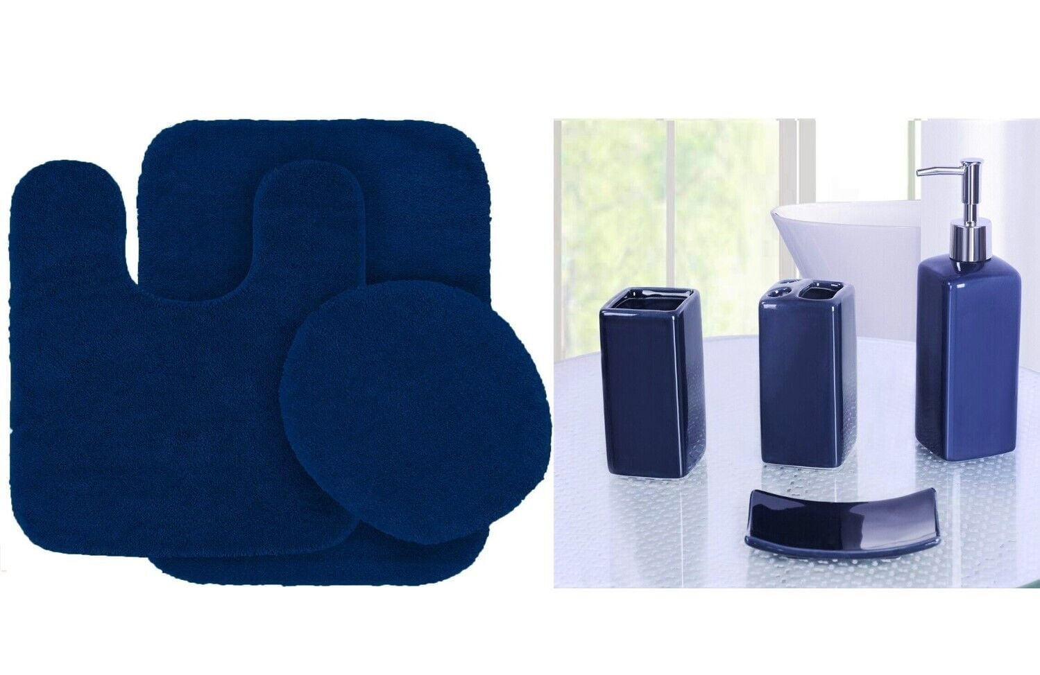 Complete Bath Mat Rug Set Navy Blue Color #6 Non Slip Super Soft Shaggy ...