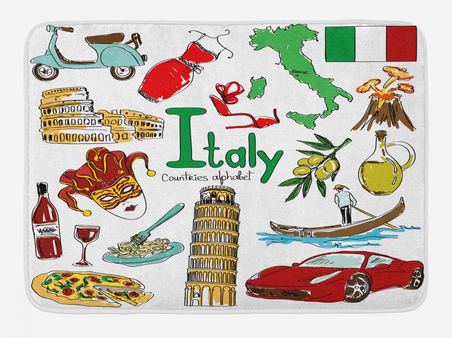 Italy Bath Mat, Fun Colorful Sketch Collection Italy Icons Countries ...