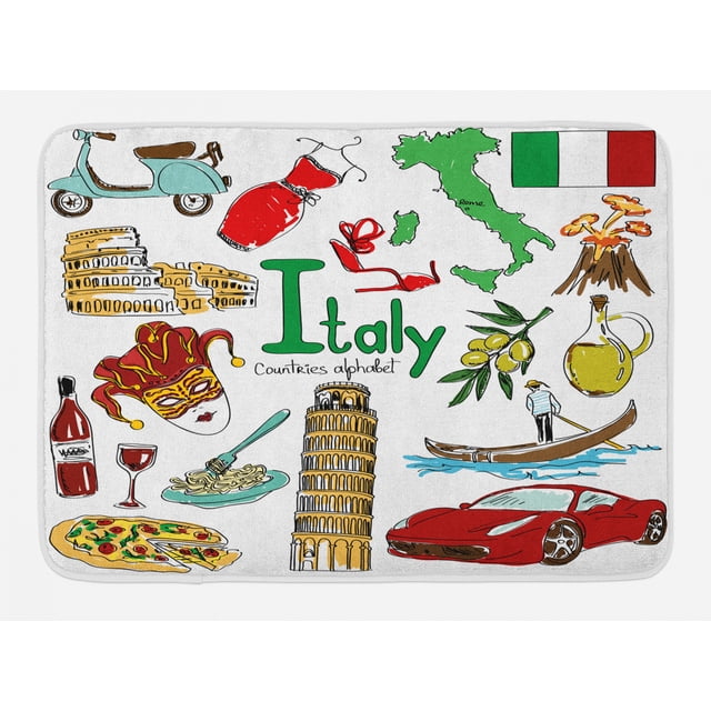 Italy Bath Mat, Fun Colorful Sketch Collection Italy Icons Countries ...