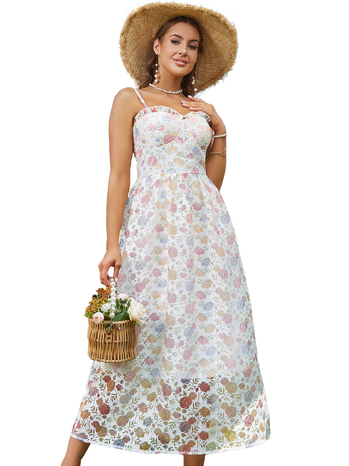 EILLY BAZAR Spring Floral Print Spaghetti Strap Long Dress for Women ...