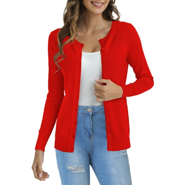 Voianlimo Womens Button Down Crew Neck Long Sleeve Soft Knit Cardigan