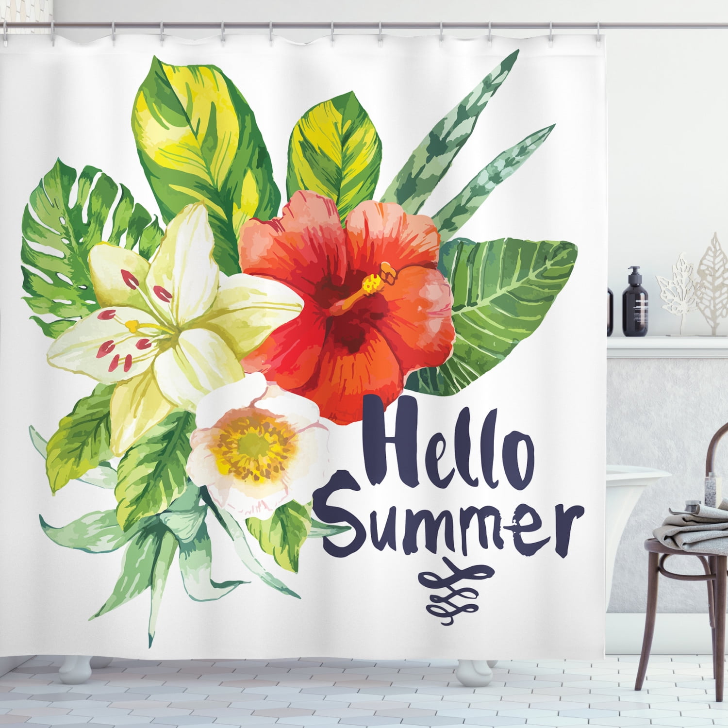 Hello Summer Shower Curtain, Hello Summer Words Tropical Flowers and ...