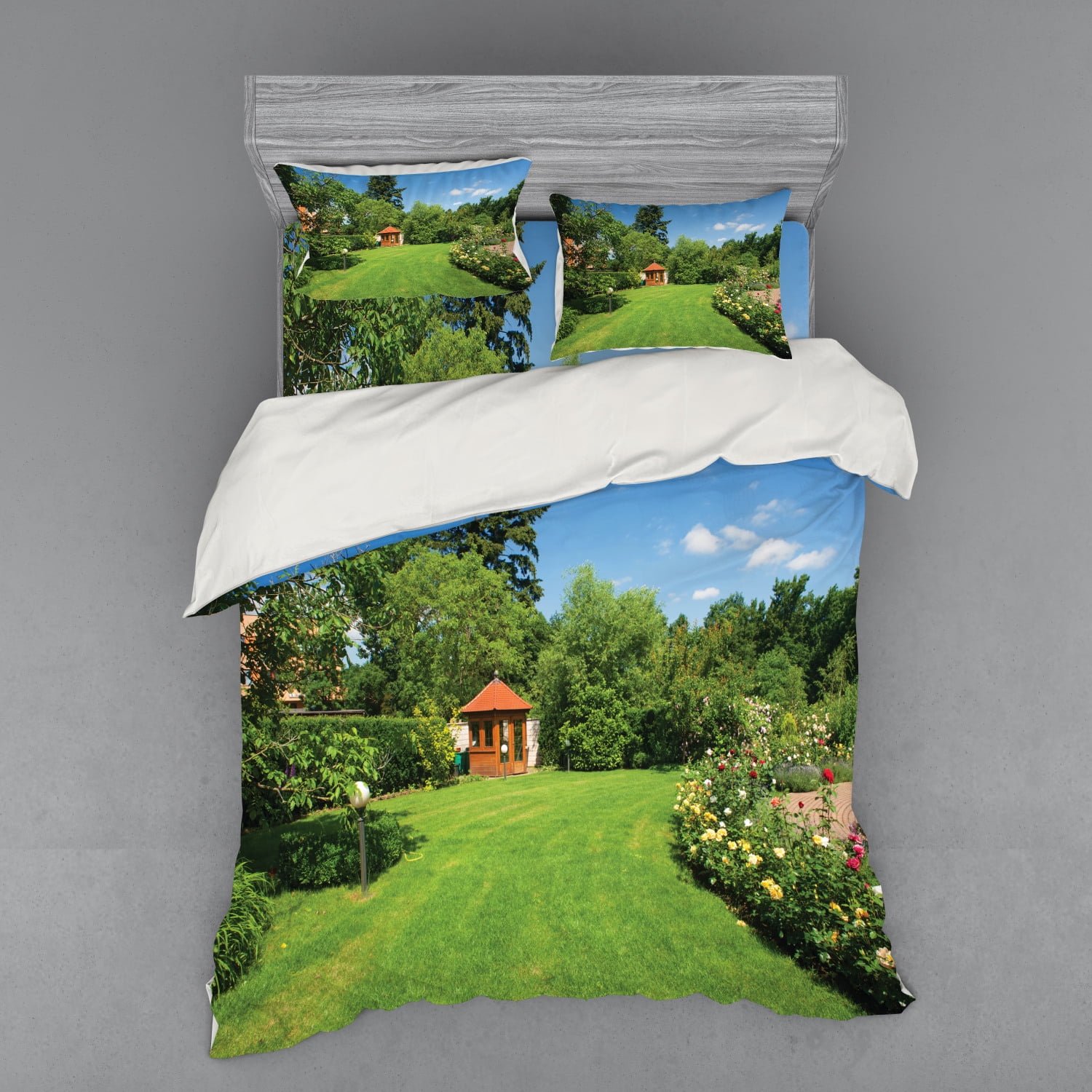 Ambesonne Garden Bedding Set 4 Pcs, Roses Pathway Gazebo, Queen ...