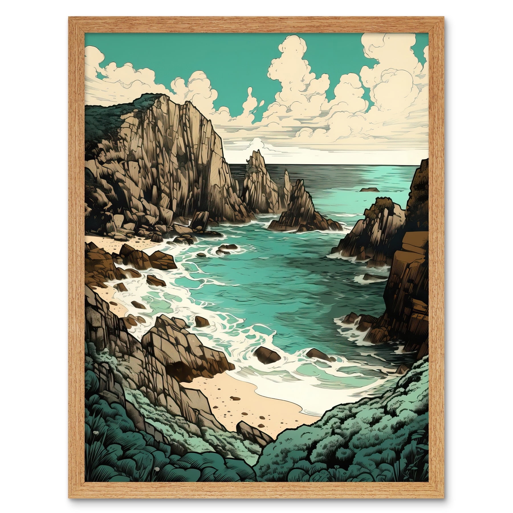 Porthcurno Granite Cliff Beach Coastal Landscape Art Print Framed ...