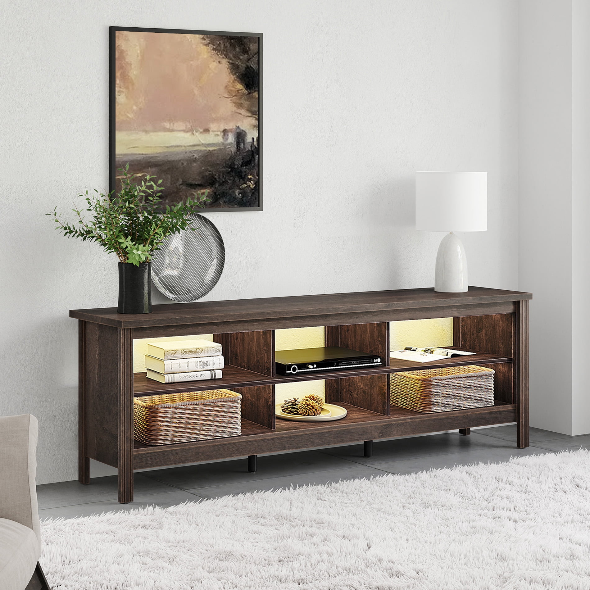 70 LED TV Stand For 75 Inch TV With 6 Storage Wood Finish Media TV