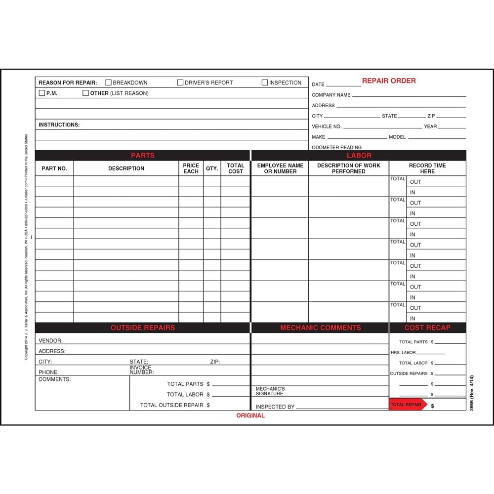 Garage Repair Order Forms, 8.5” x 11.75”, 3 Part, Carbonless, 50 Sets ...