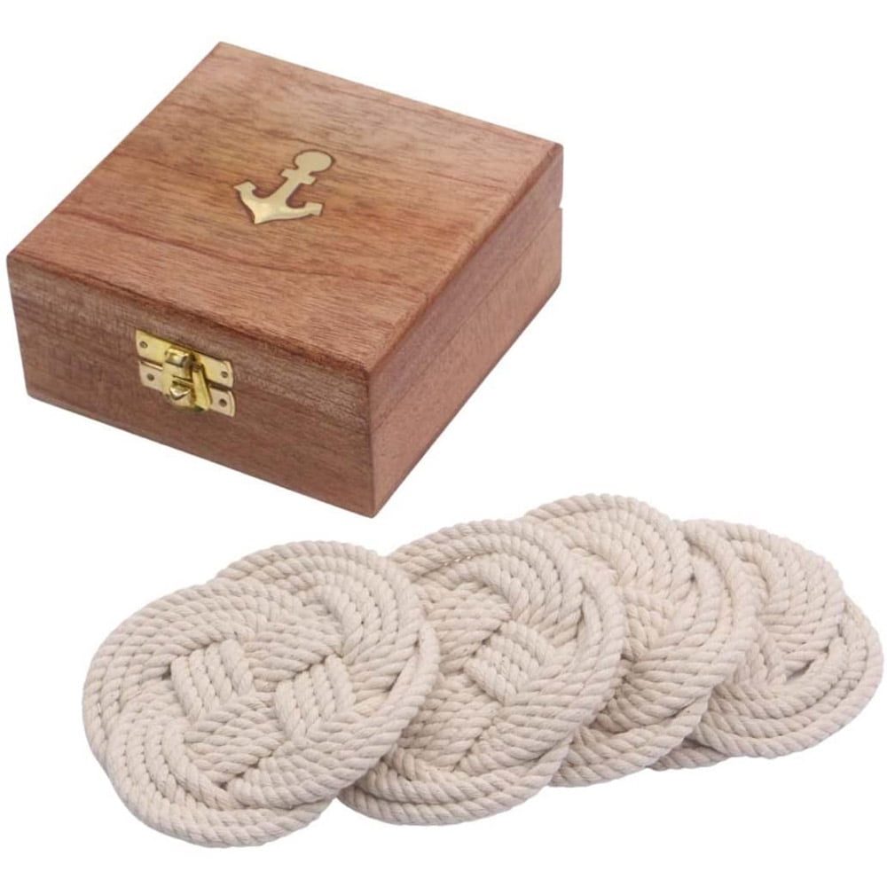 Rii Brand Jute Rope Coaster White Colored with Wooden Box Set of 4, 4 ...