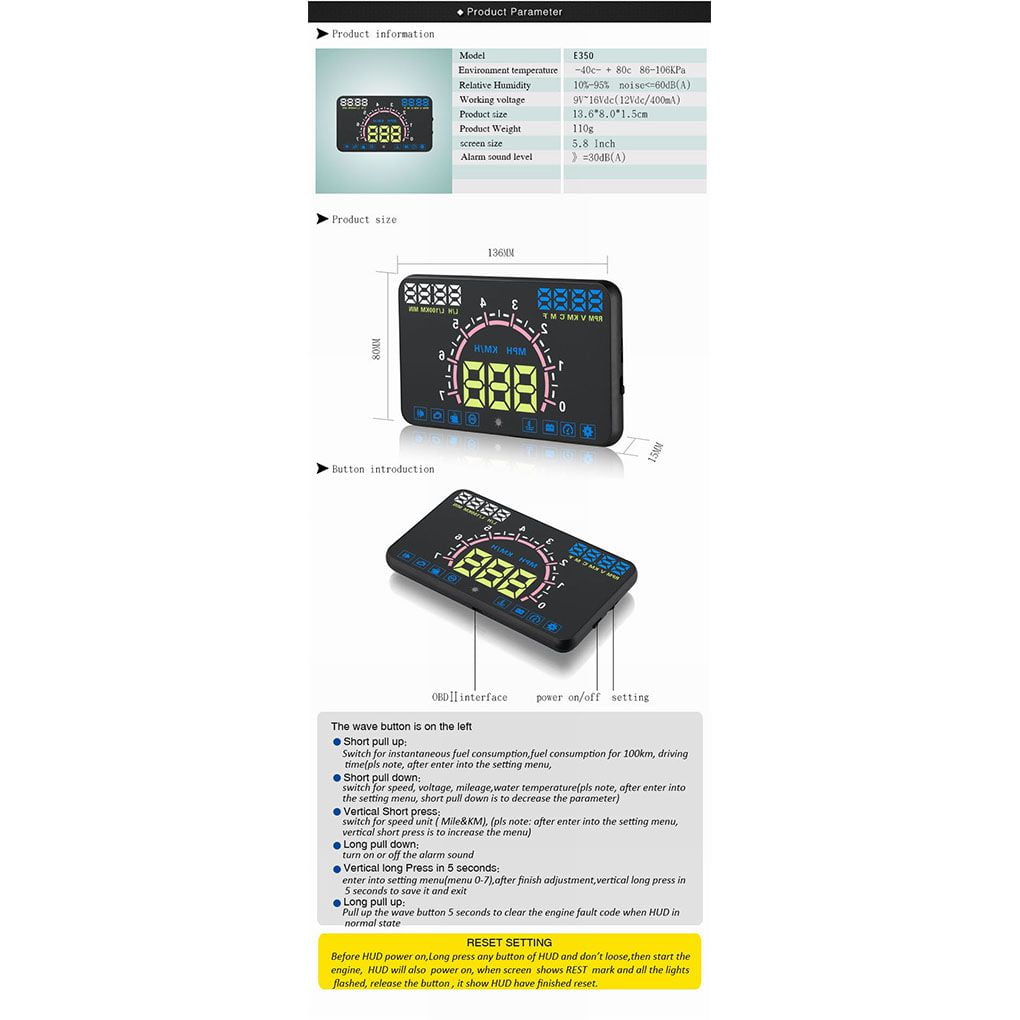 Buy DTOWER E350 5.8 Digital HUD OBD2 Head Up Display Car Engine Speed Projector Vehicle ...