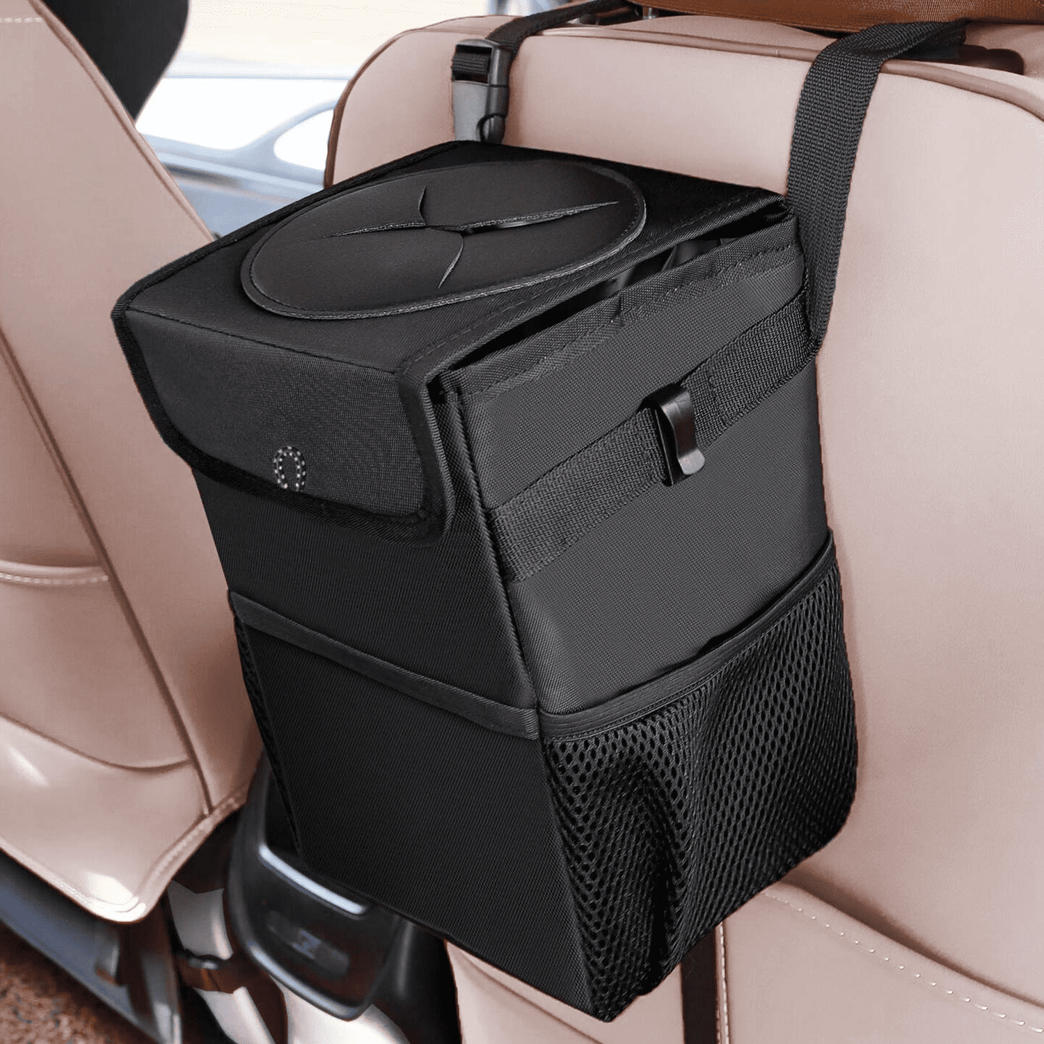Car Trash Can with Lid - Car Trash Bag Hanging with Storage Pockets ...