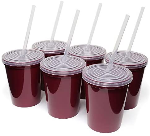 16oz Reusable Plastic Stadium Maroon Cups with Lids, 6 Pack, USA Made ...