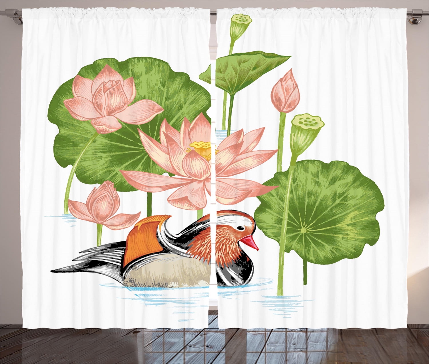 Duck Curtains 2 Panels Set, Baby Mandarin Duckling in Pond with Lotus ...
