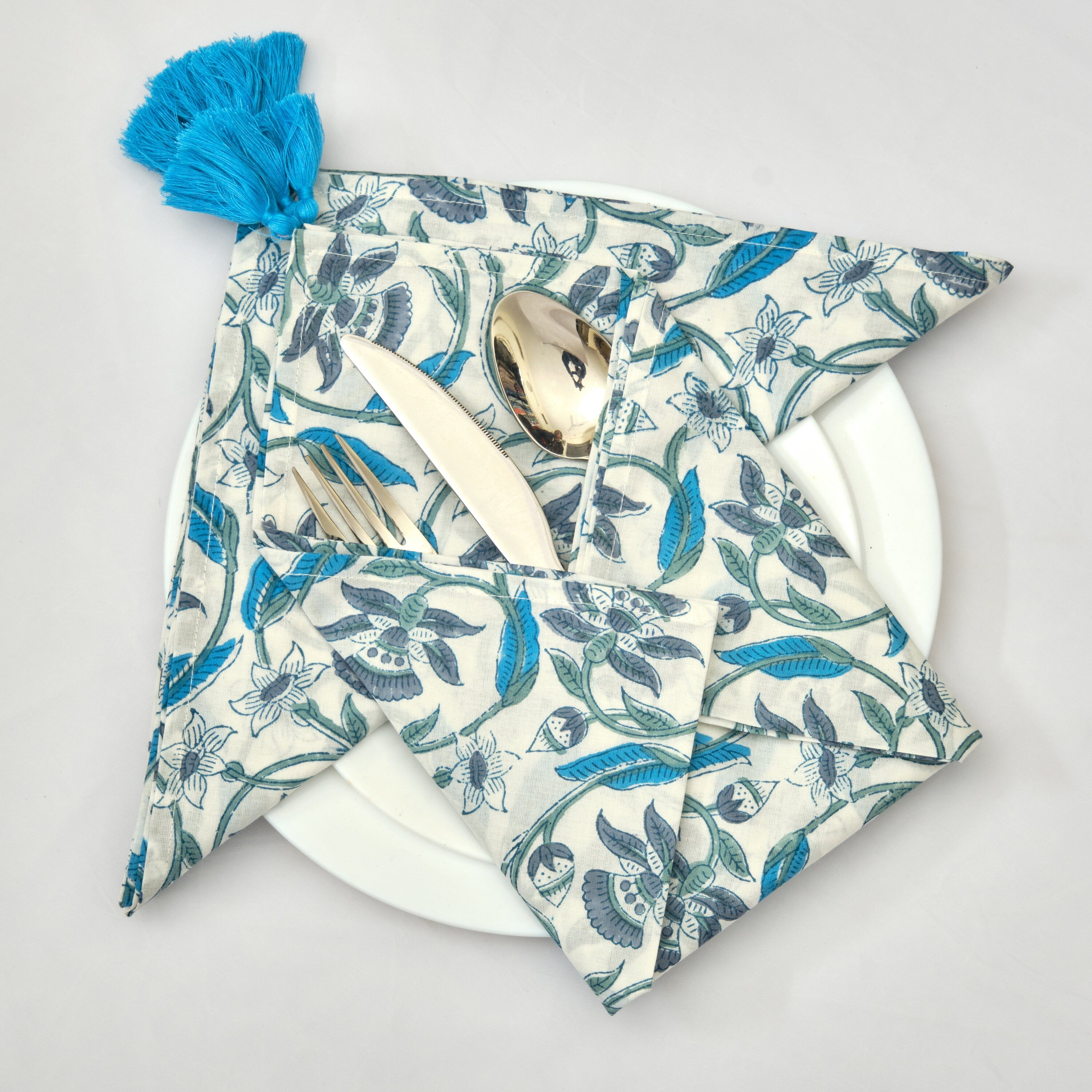 Turquoise Blue, Teal Green, Dark Steel Gray Indian Hand Block Floral ...