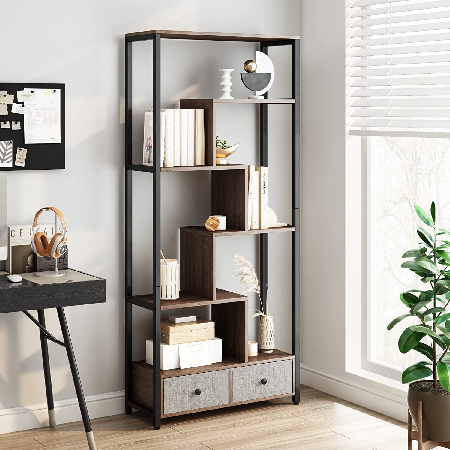 Homfa 5 Tier Bookcase, 9-Cube Bookshelf with 2 Drawers, Floor Standing ...