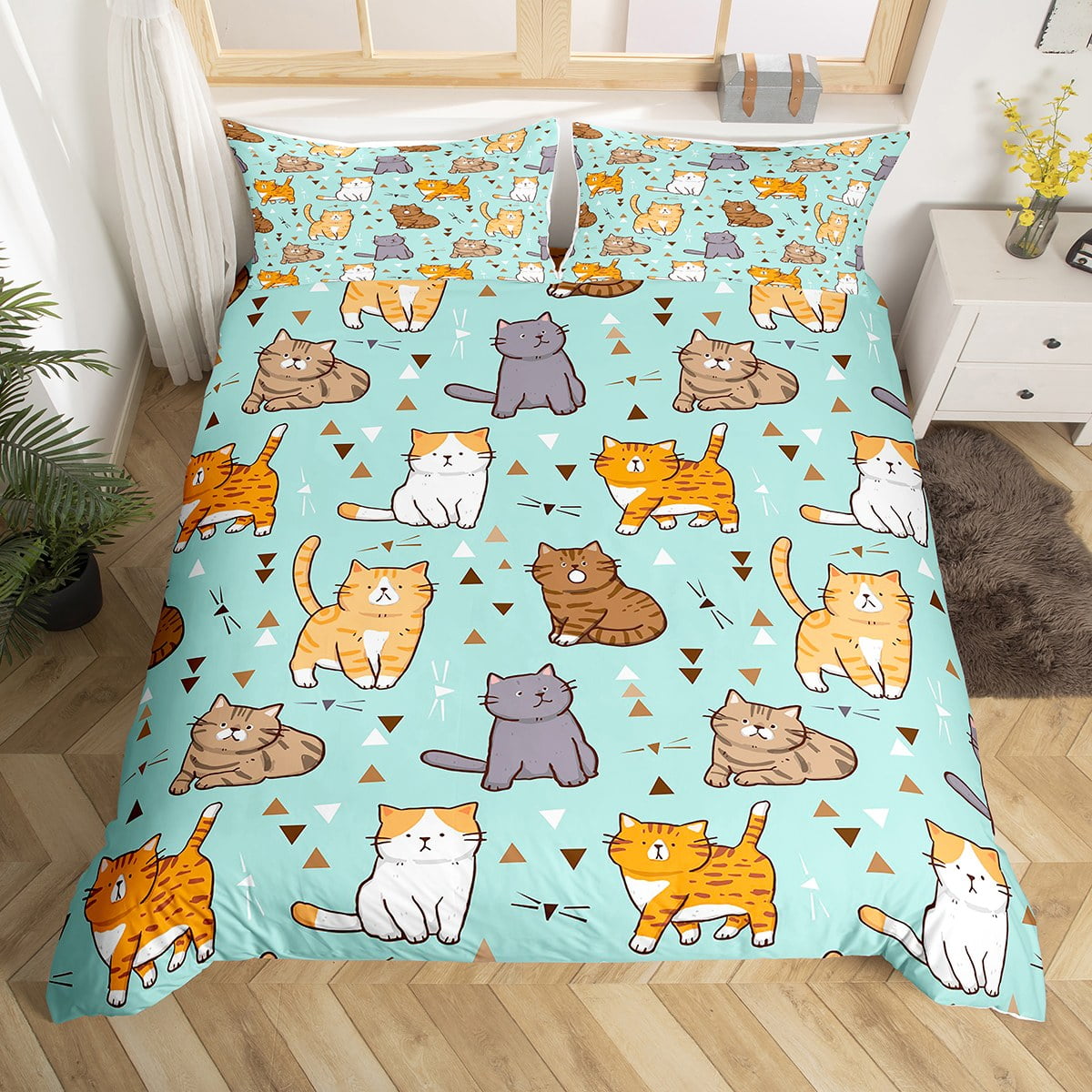 YST Cute Animal Duvet Cover Queen Kawaii Cat Bedding Set for Kids ...