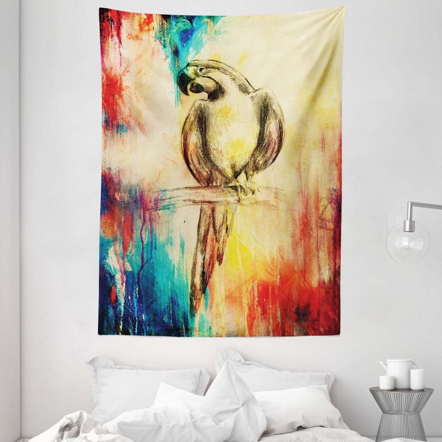 Parrots Decor Wall Hanging Tapestry, Grunge Style Parrot Figure on ...