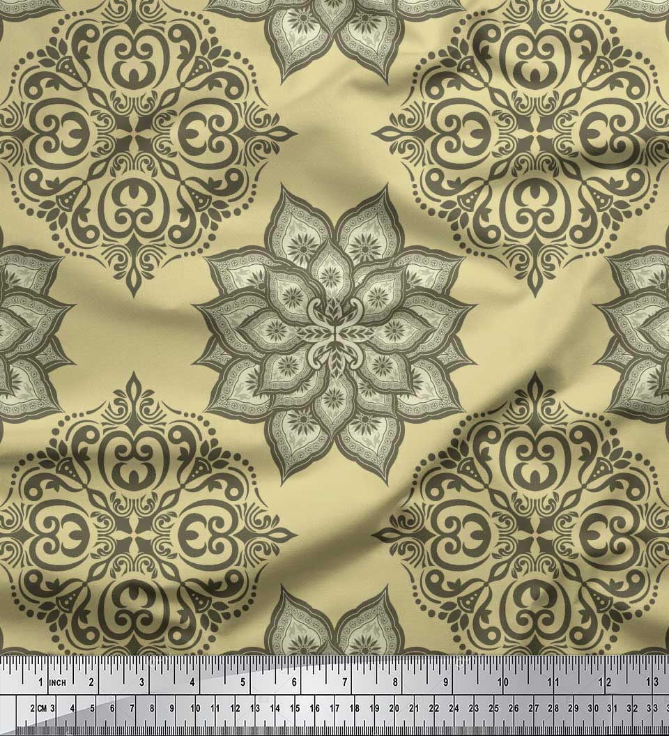 Soimoi Japan Crepe Satin Fabric Floral Mandala Print Fabric by the Yard ...