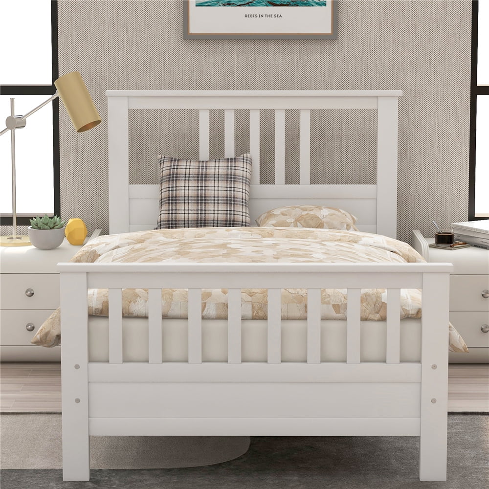 Twin Bed Frame No Box Spring Needed, White Twin Platform Bed Frame with ...