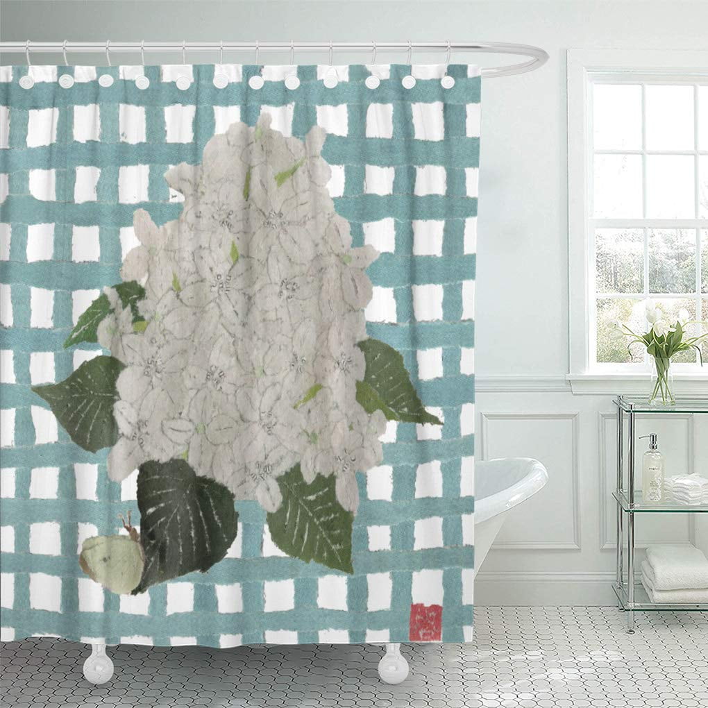 CYNLON Blue White Hydrangea and Gingham Plaid Flowers Botanical Sky ...