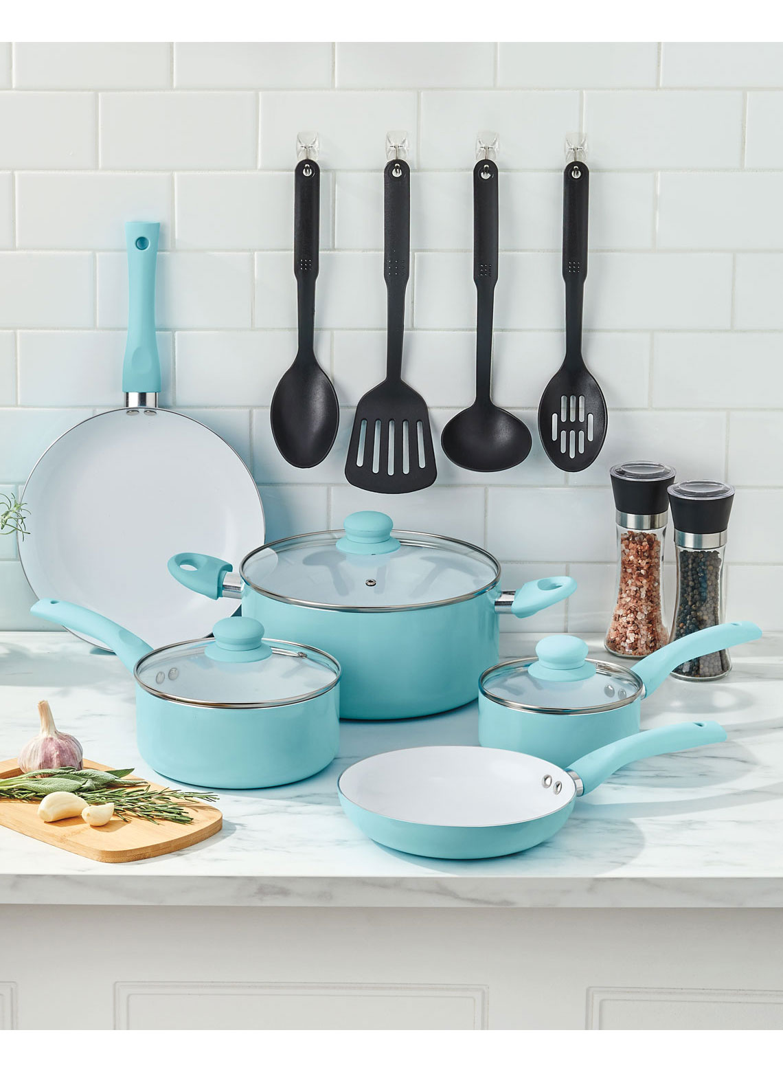 Mainstays 12pc Ceramic Cookware Set, Blue Linen