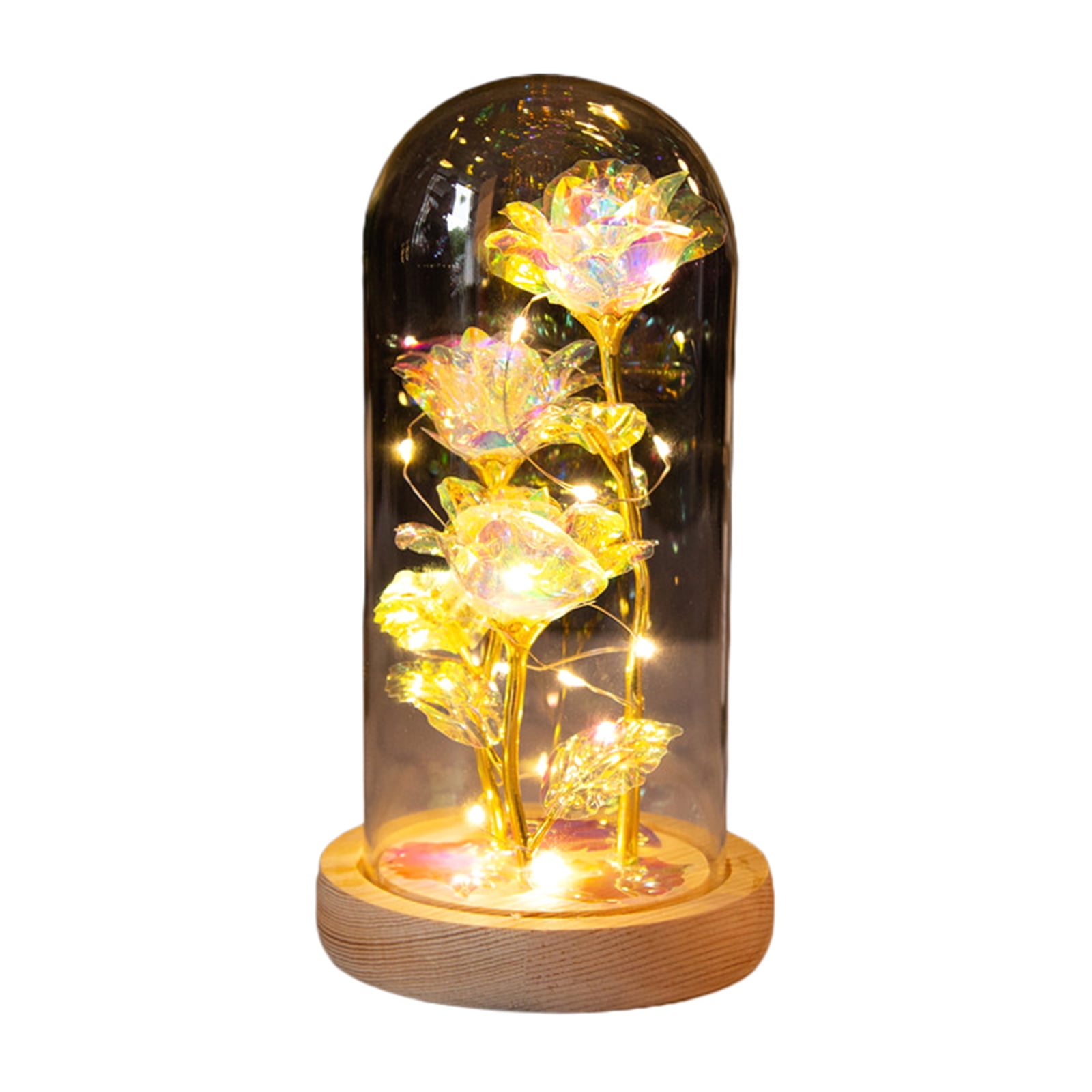 Rosa con luz LED en vidrio sobre base de madera Rosa artificial con luz ...