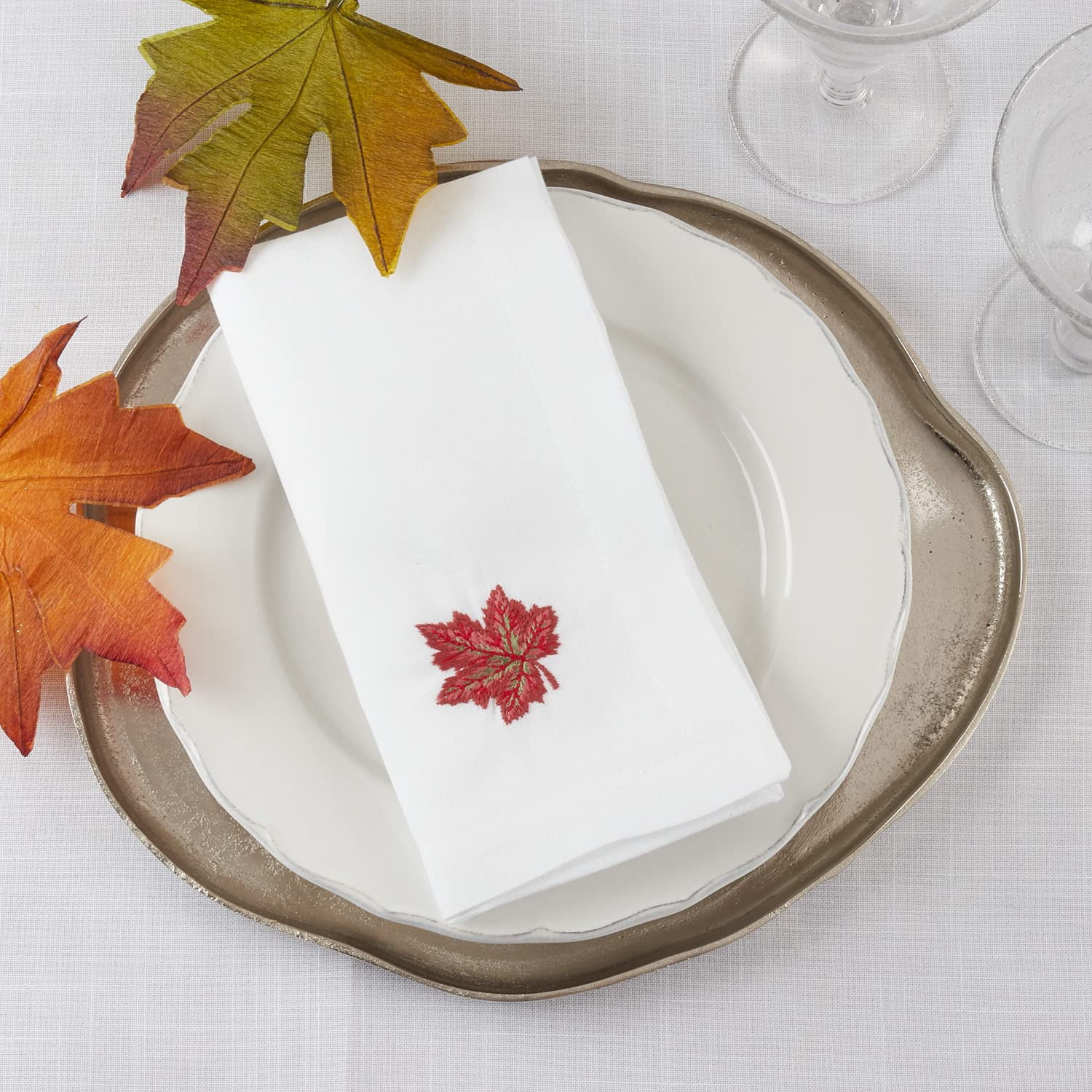 Fennco Styles Country Embroidered Autumn Leaf Cloth Napkins 20" W x 20 ...