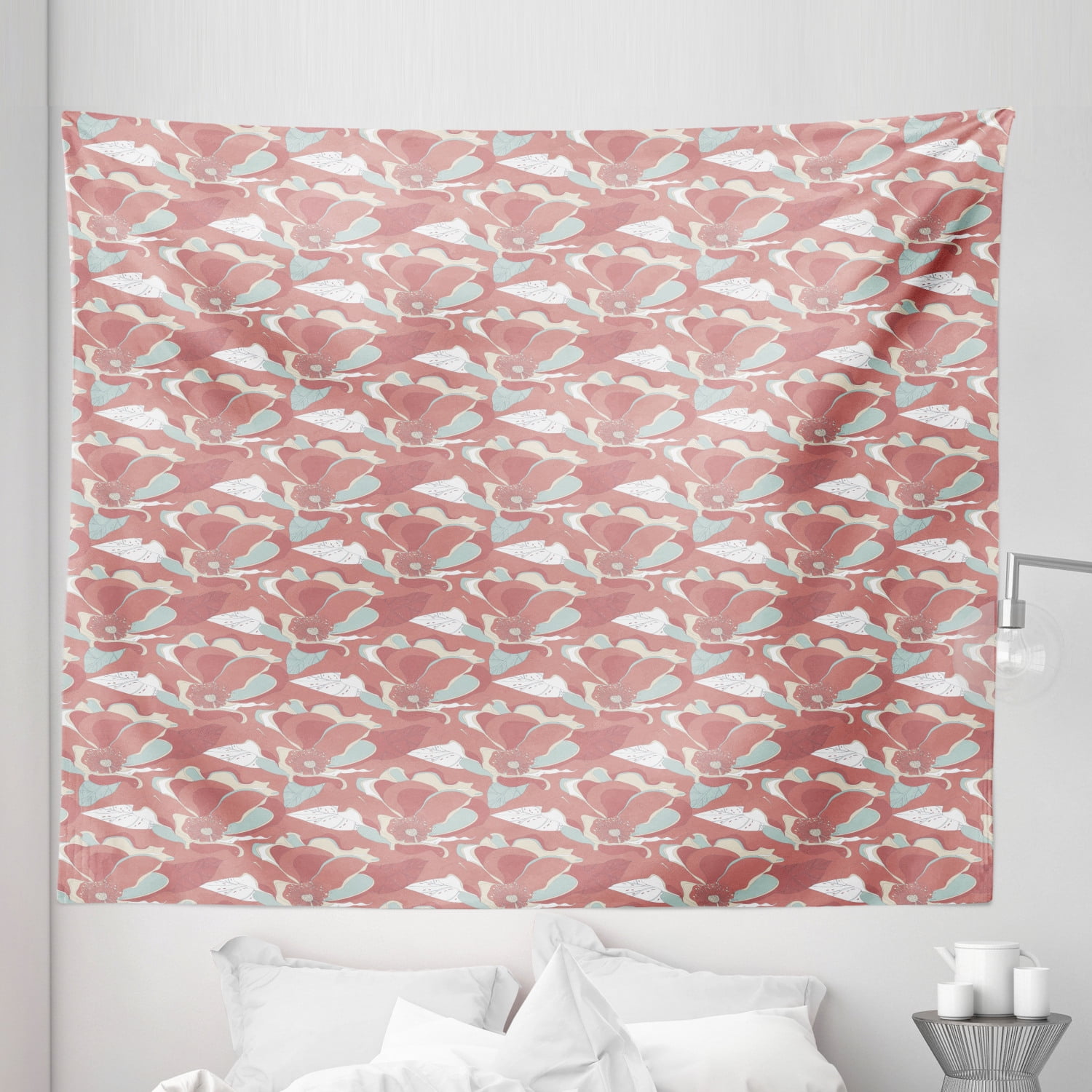 Blue and Coral Tapestry, Hand Drawn Floral Pattern Poppy Design ...