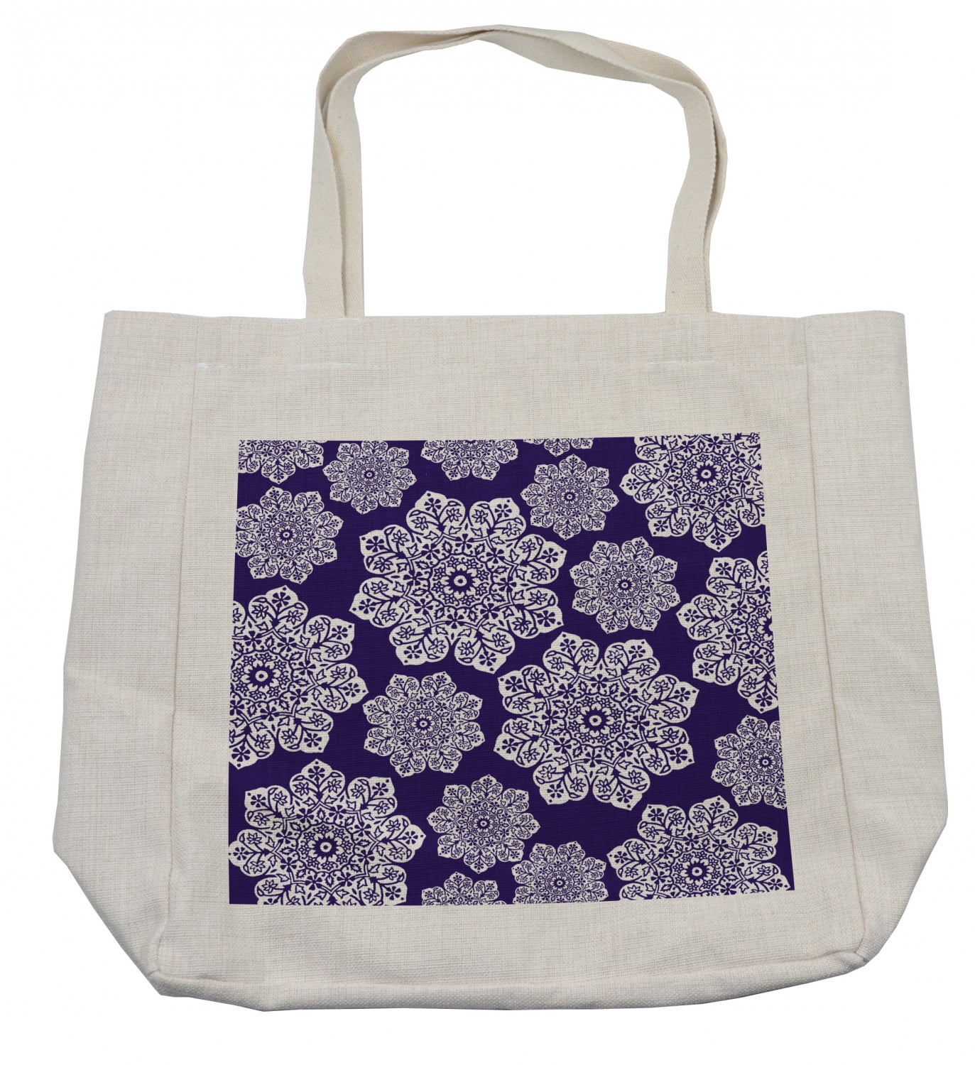 Navy Blue Shopping Bag, Floral Lace Graphic Print Snowflake Themed ...