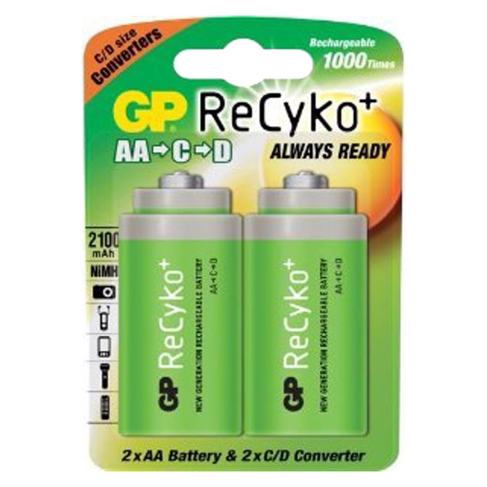 GP Recyko 2AA PRE-CHARGED rechargable batteries WITH 2 C ADAPTERS AND 2 ...