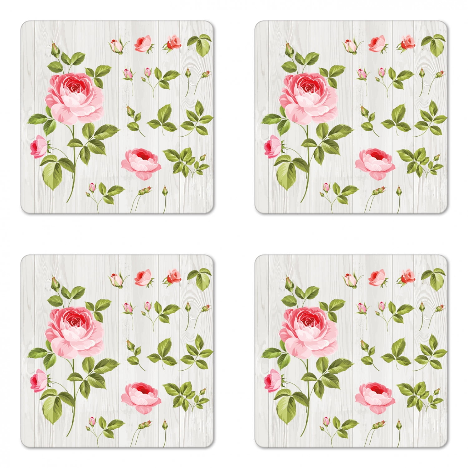 Floral Coaster Set of 4, Vintage Rose Petals over Wooden Board ...
