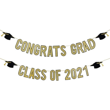 2021 Graduation Banner, Black and Gold Glitter Congrats and Class Of ...