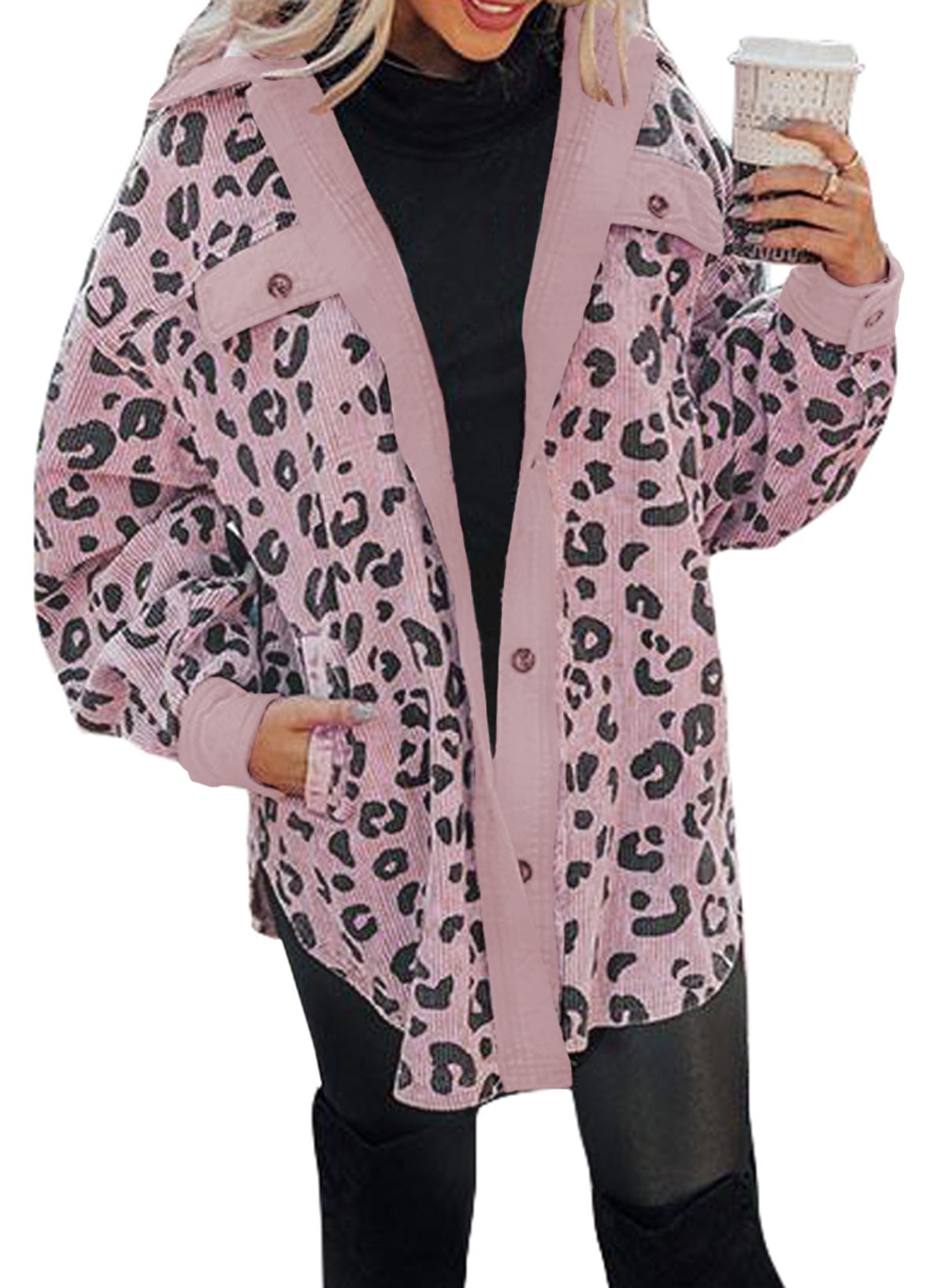 Asyoly Women Winter Leopard Print Shacket Jacket Long Sleeve Button ...