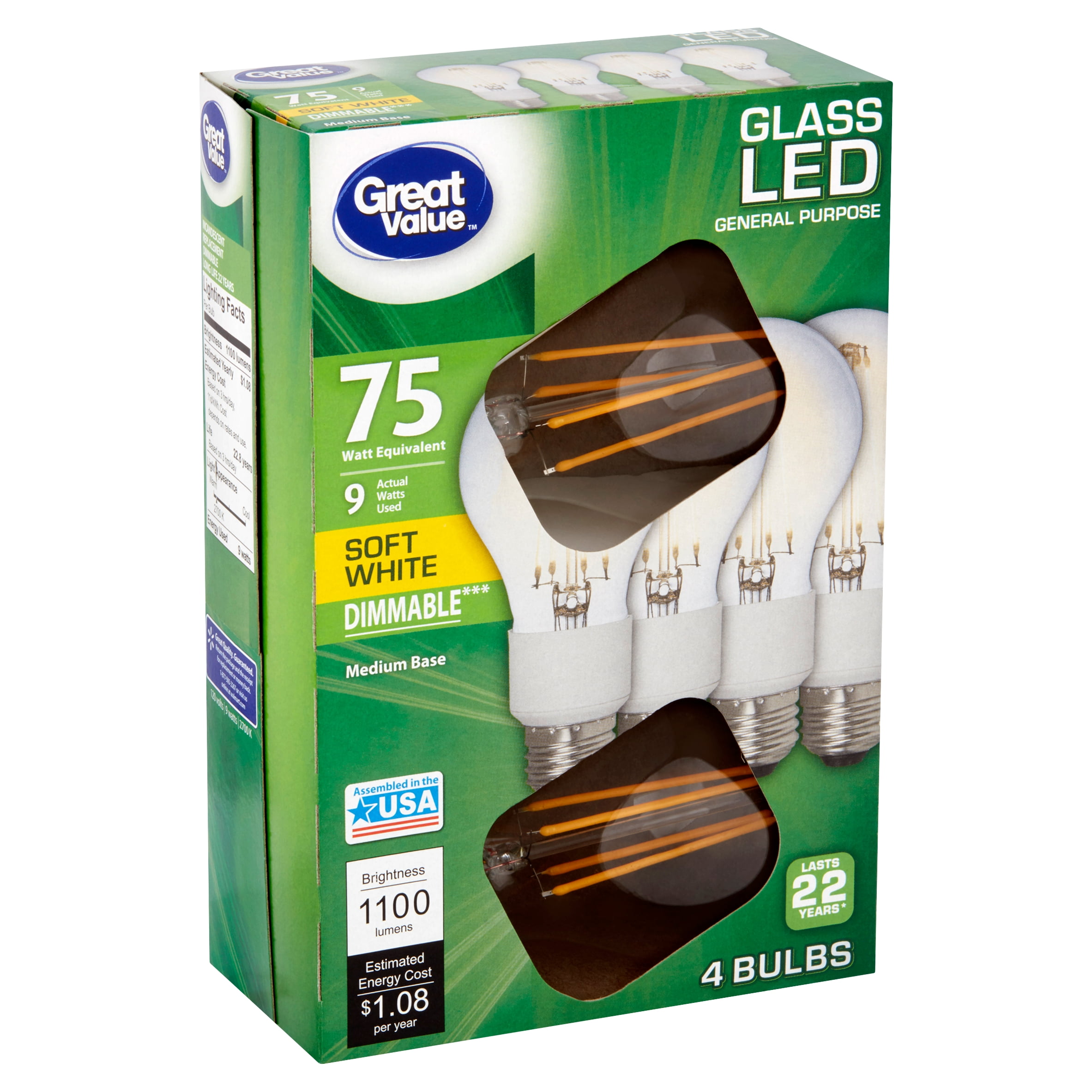 Great Value Glass LED General Purpose Bulb, 9W, Soft White, 4 Count ...