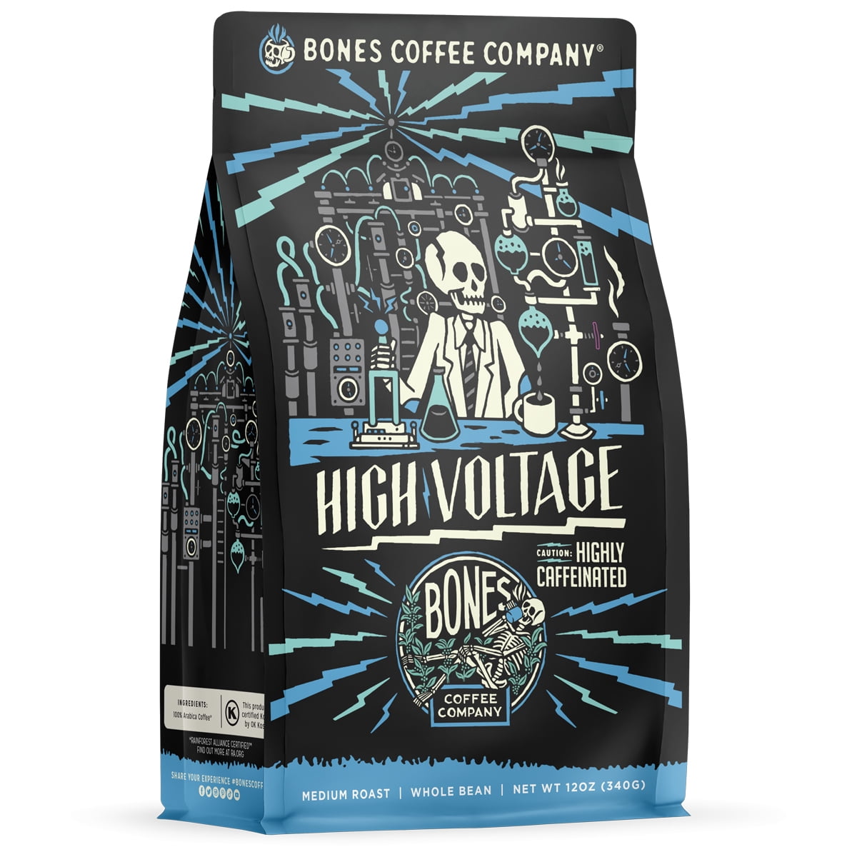 Bones Coffee Medium Roast Ground Coffee | 12 oz High Voltage Flavored ...