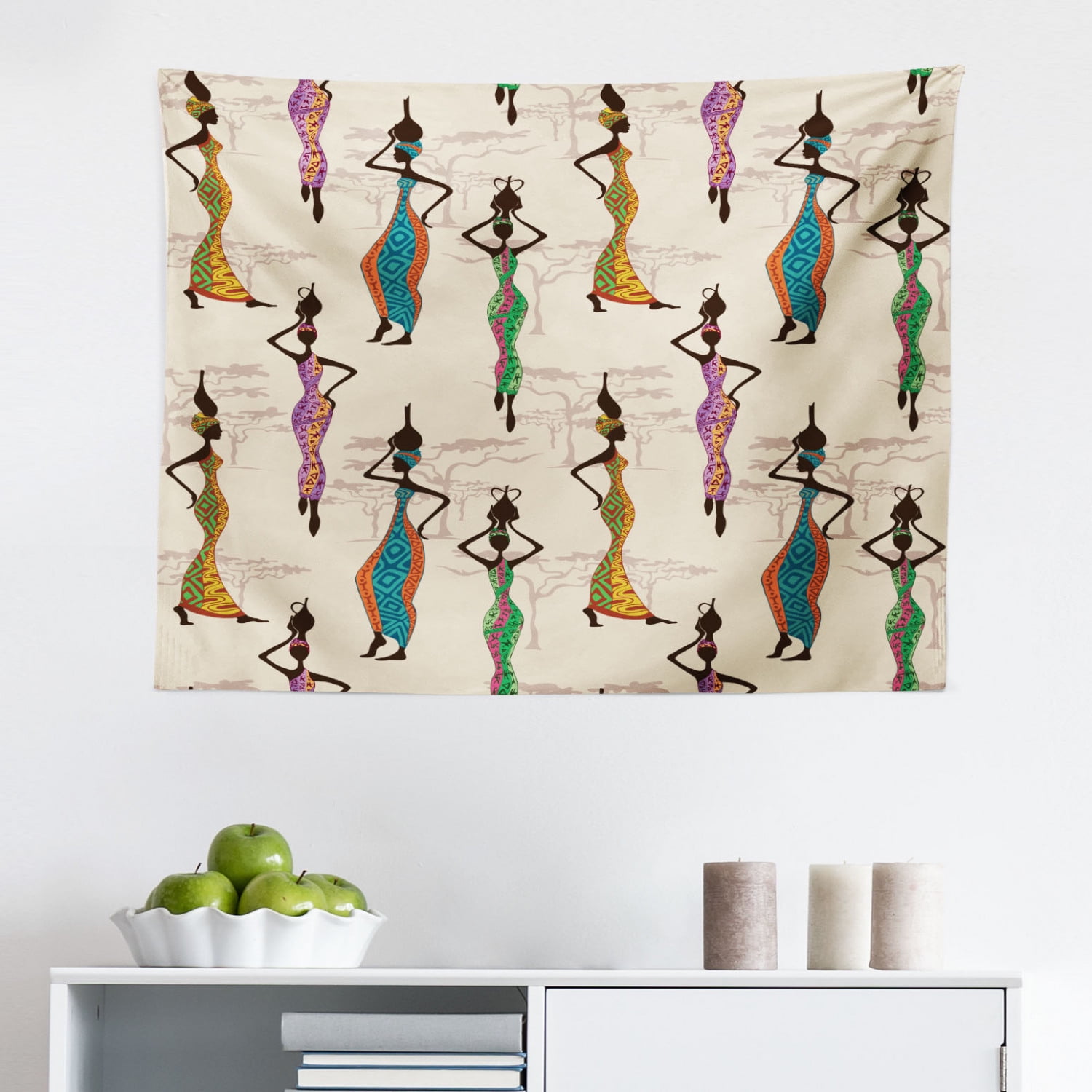 African Tapestry, Modern Pattern with Women Silhouette Geometric Curvy ...