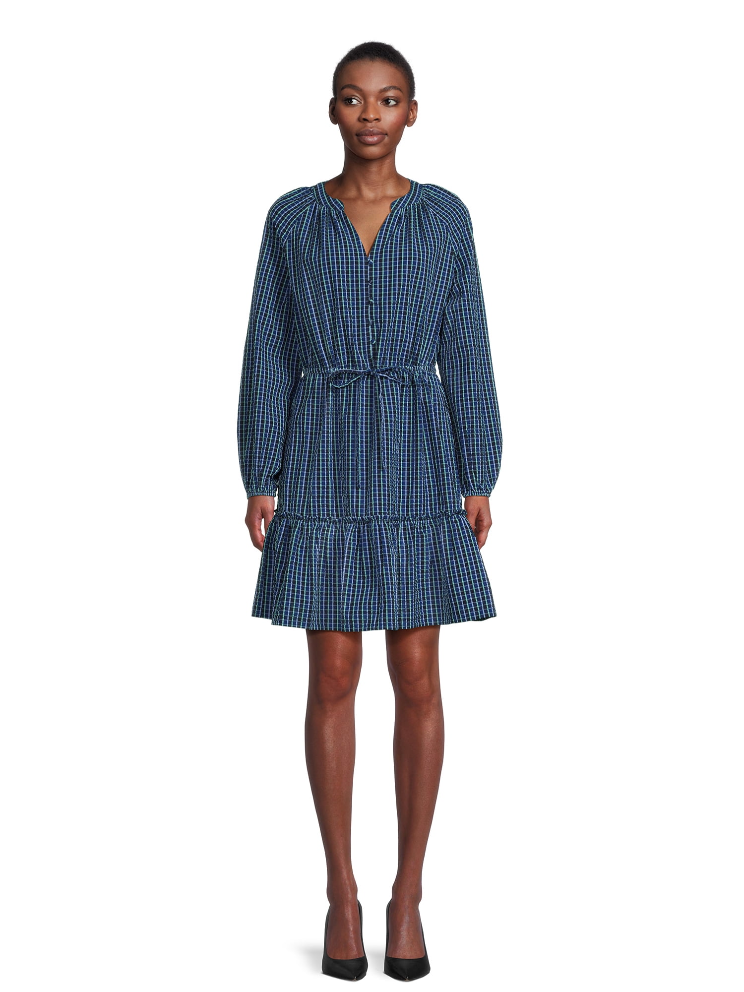 Time and Tru Women's Long Sleeve Micro Plaid Dress - Walmart.com