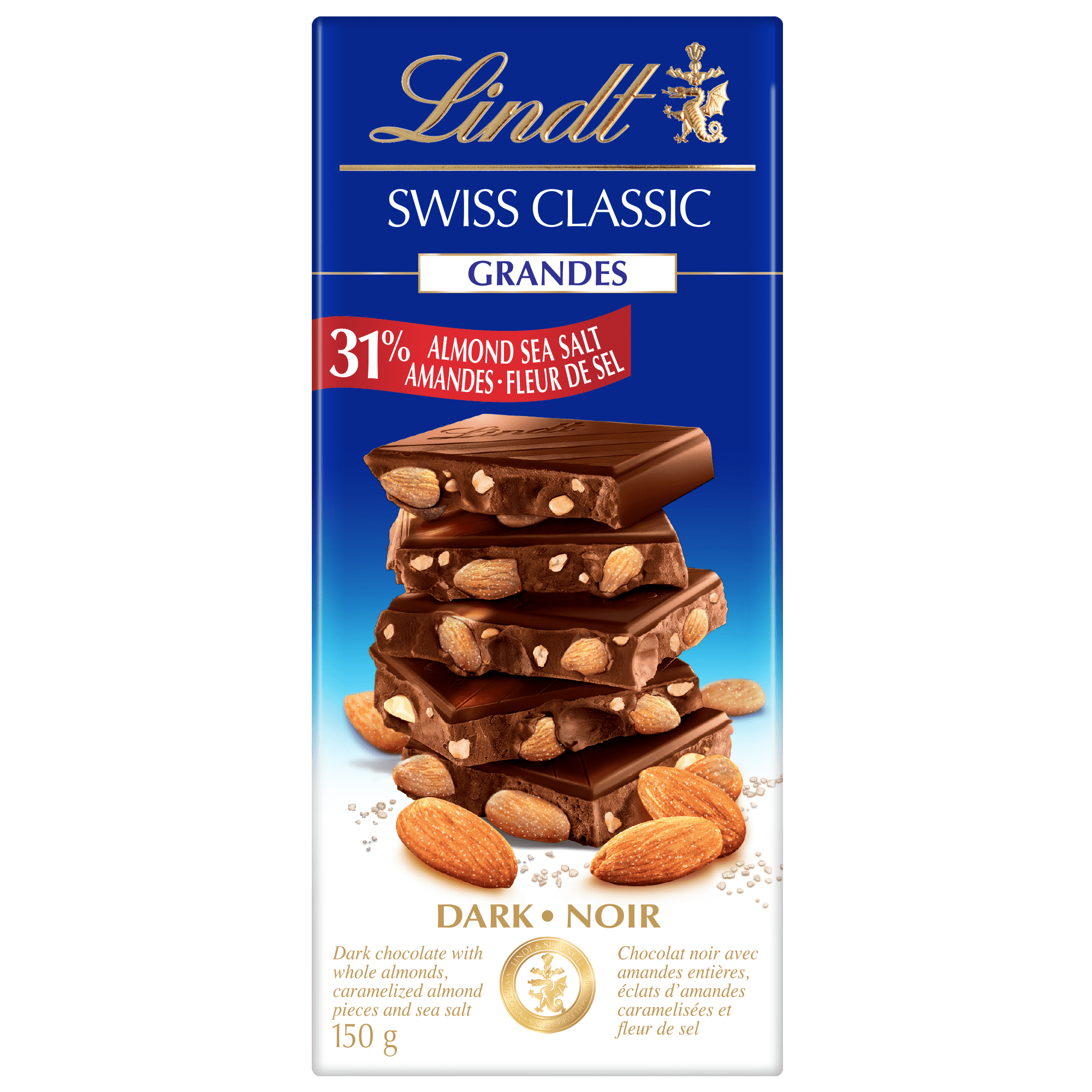 Lindt SWISS CLASSIC GRANDES Almond Sea Salt Dark Chocolate Bar, 150 ...
