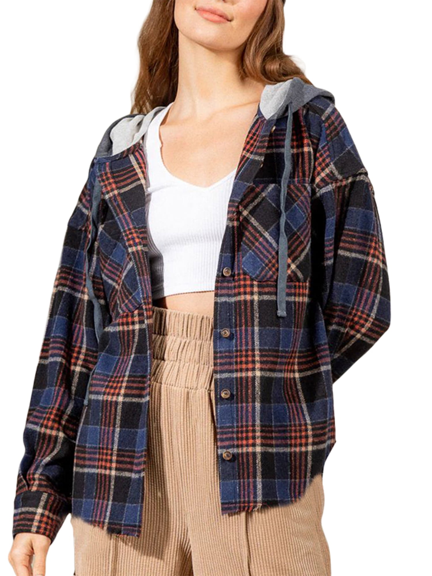 Qmyliery Women's Fashion Plaid Long Sleeve Coat Tops Casual Loose ...