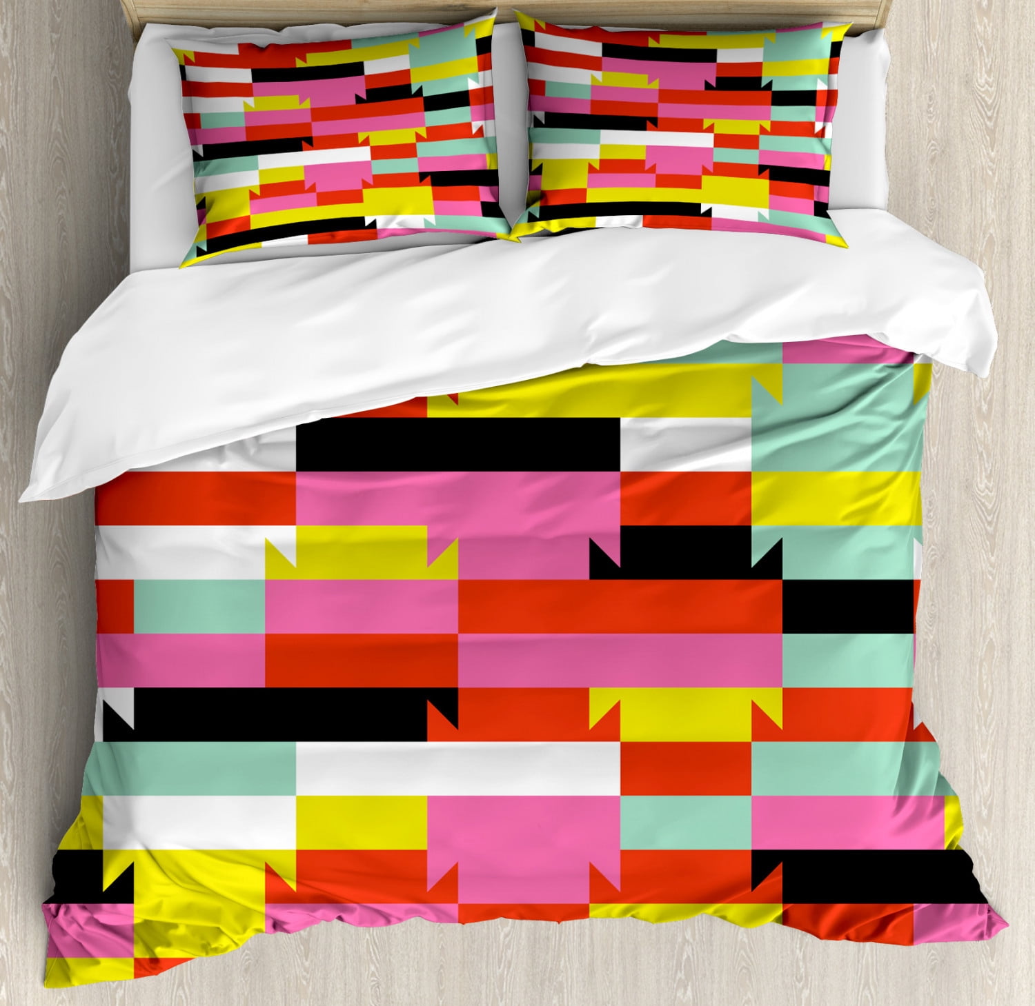 Colorful King Size Duvet Cover Set, Geometric Bold Blocks with Lines ...
