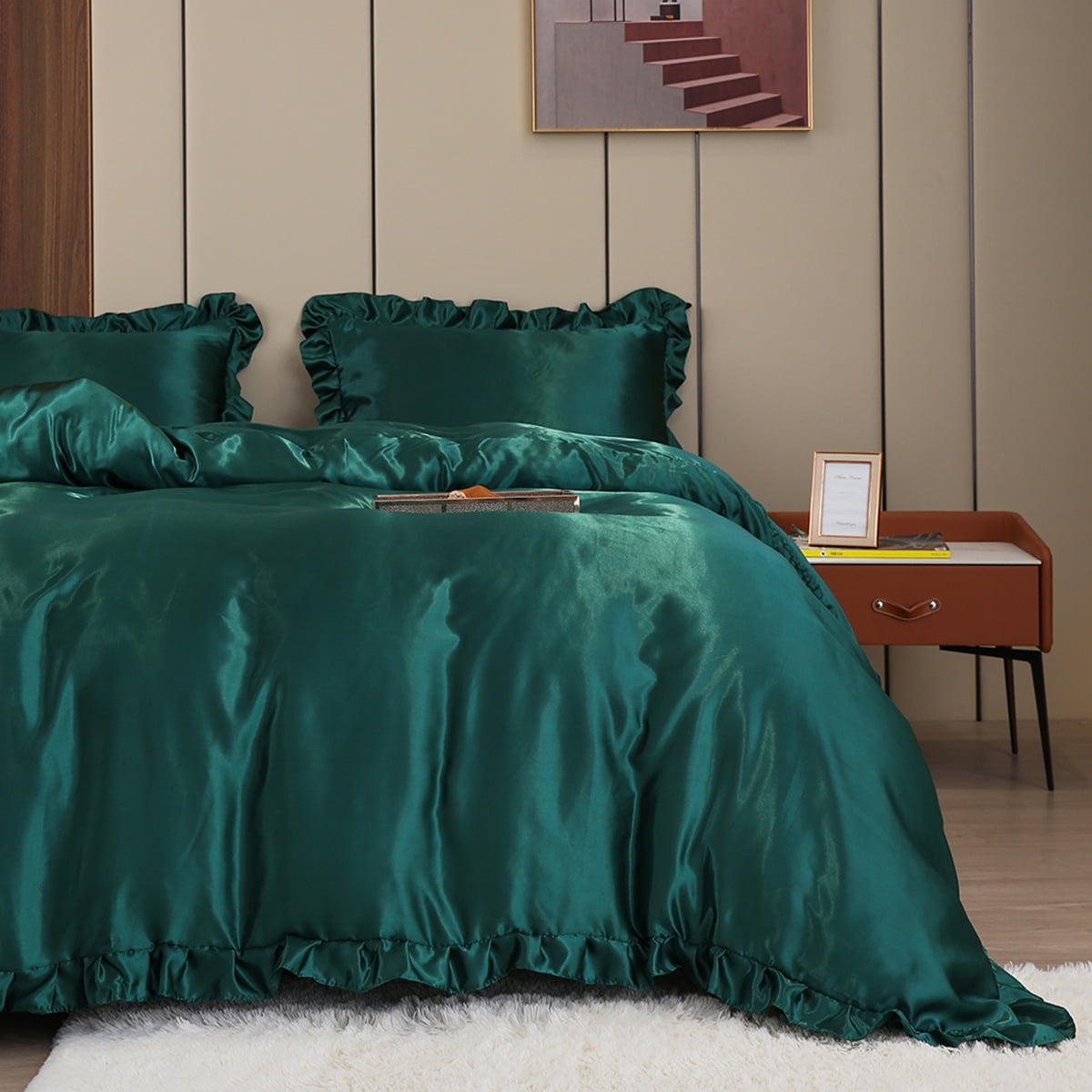 Romantic Ruffle Satin Silk Duvet Cover King Size Dark green Luxury ...