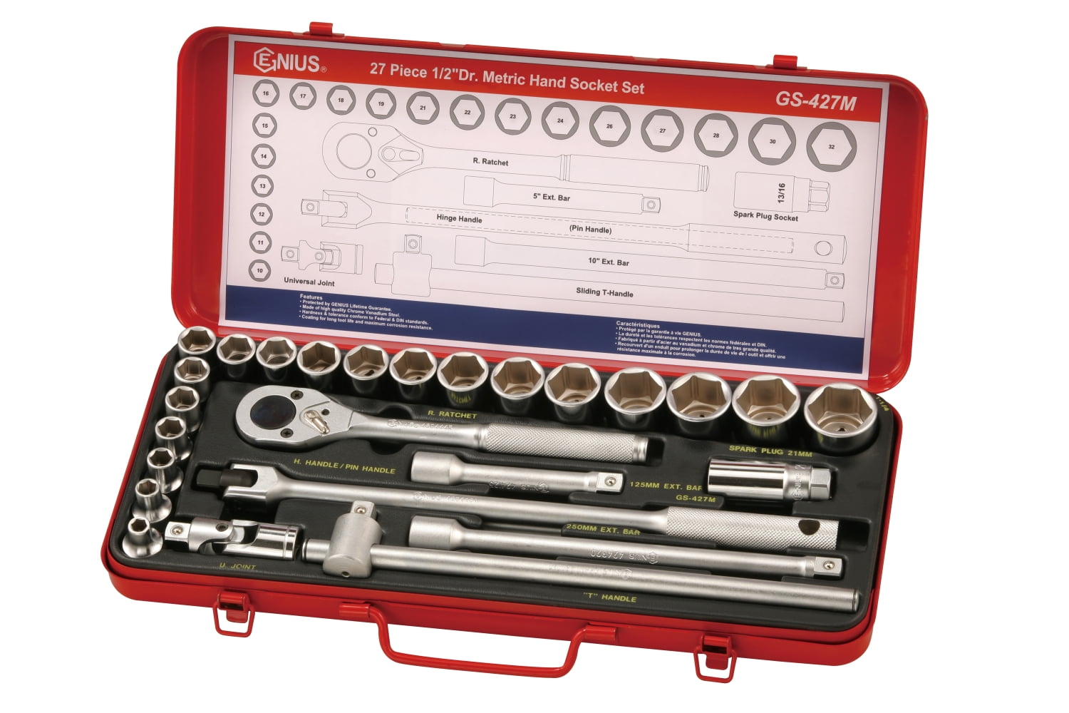 Genius Tools 27 Piece 1/2" Dr. Metric Hand Socket Set - GS-427M ...