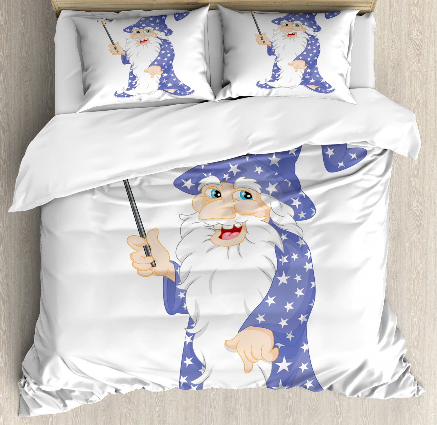 Wizard Duvet Cover Set Queen Size, Laughing Old Man with a Magic Wand ...