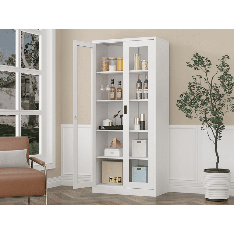 STANI 71 Tall Metal Storage Cabinet Freestanding White Bookshelf with Glass Door 4 Shelves Walmart