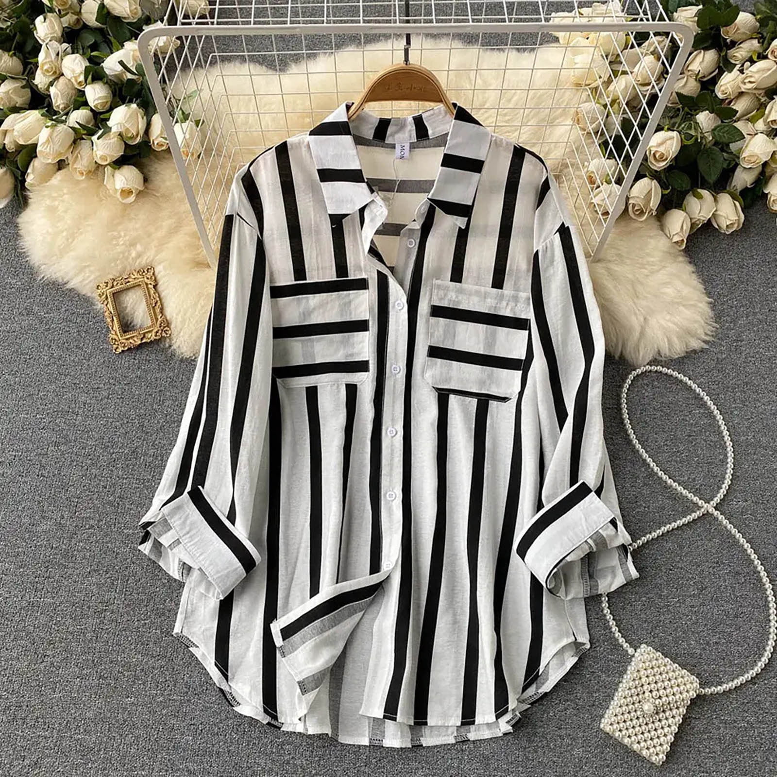 Leesechin Clearance Women's Tops Mid-length Vertical Striped Leesechin Clearance Women's Tops Mid-length Vertical Striped