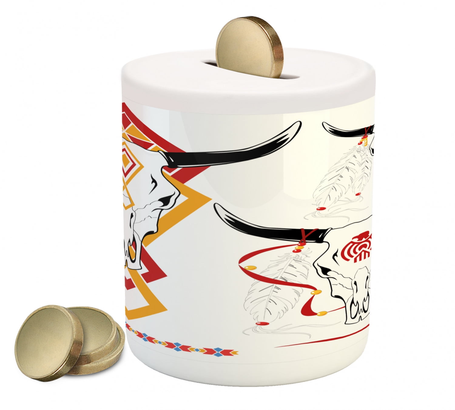 Tattoo Piggy Bank, Bulls Head with Feather of Bird as Accessory with ...