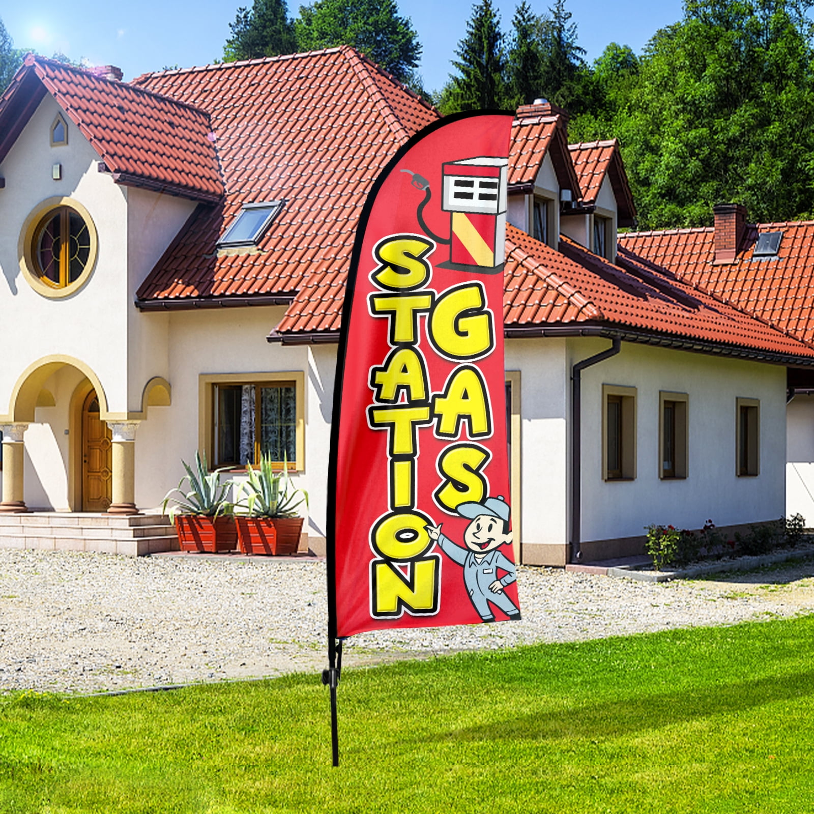 QSUM Gas Station Sign Feather Flag with Pole Kit,7FT Gas Station ...